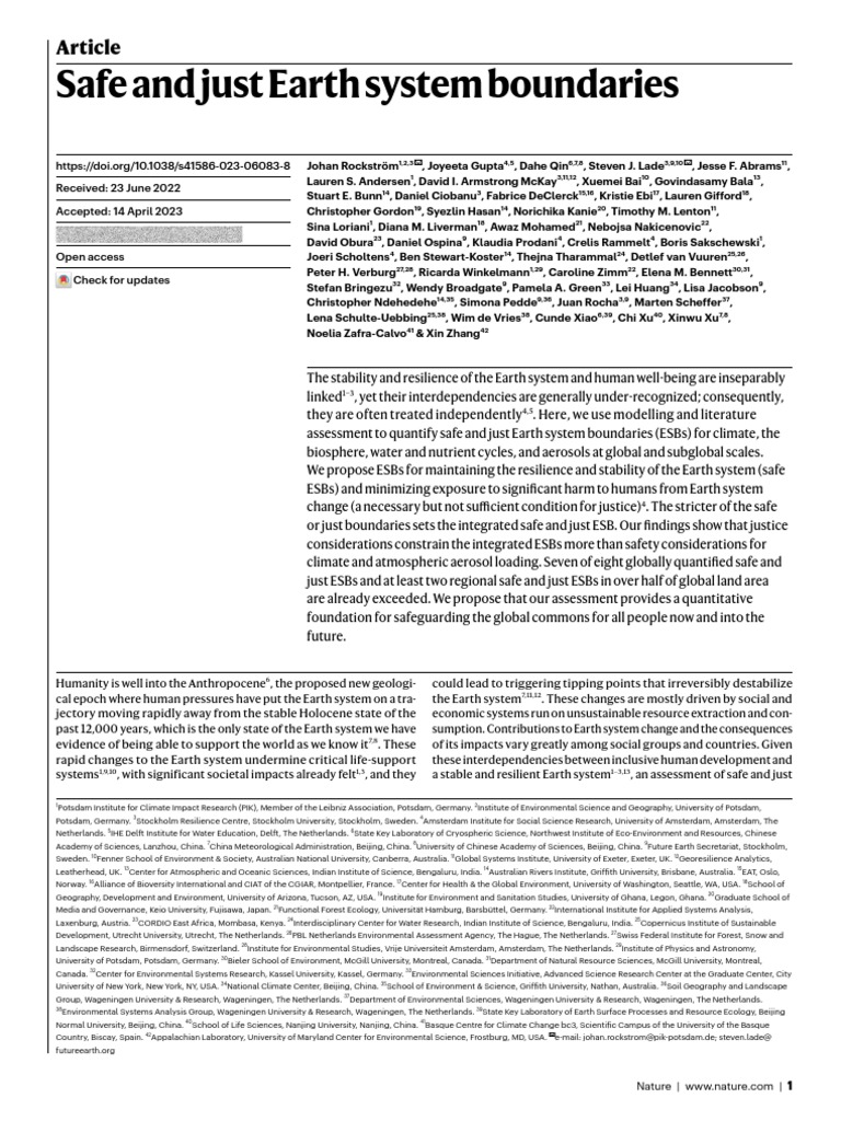 Nature - Safe and Just Earth System Boundaries | PDF | Climate Change ...