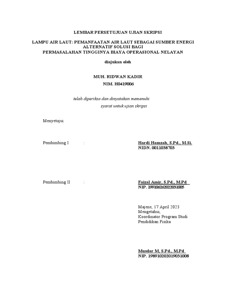 Lembar Persetujuan Seminar Hasil Muh. Ridwan Kadir | PDF