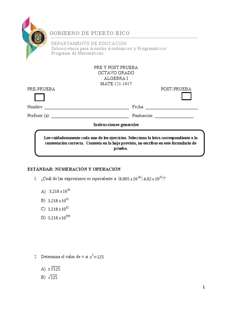 Pre y Post Prueba de Álgebra 8vo Grado | PDF