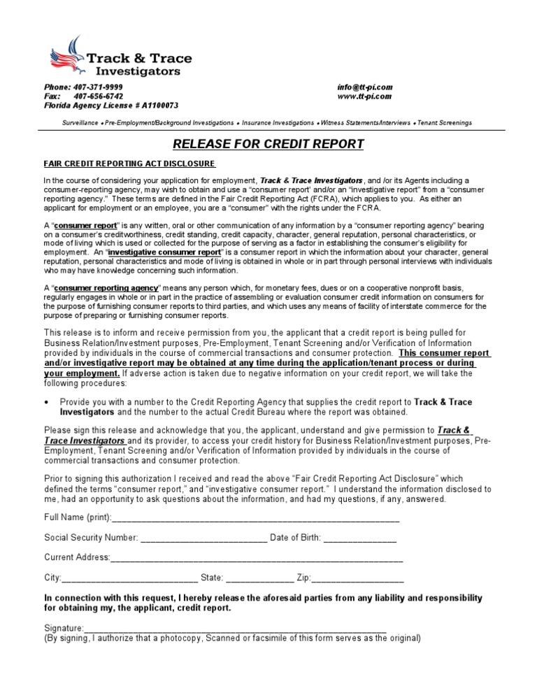FCRA Release for Credit Report 16SEP2011 | Credit History | Credit Bureau