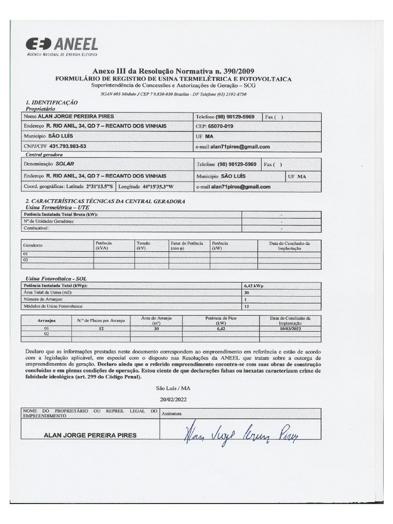 Formulário de Registro Aneel | PDF