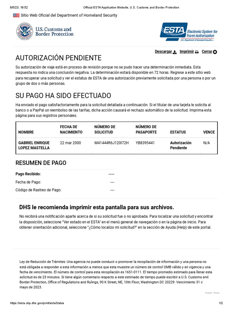 Official ESTA Application Website, U.S. Customs and Border Protection | PDF