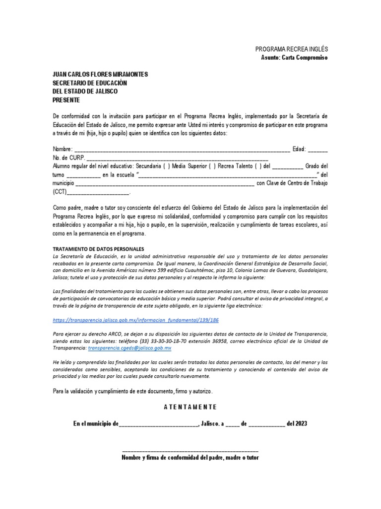 Carta Compromiso Programa Recrea Inglés | PDF