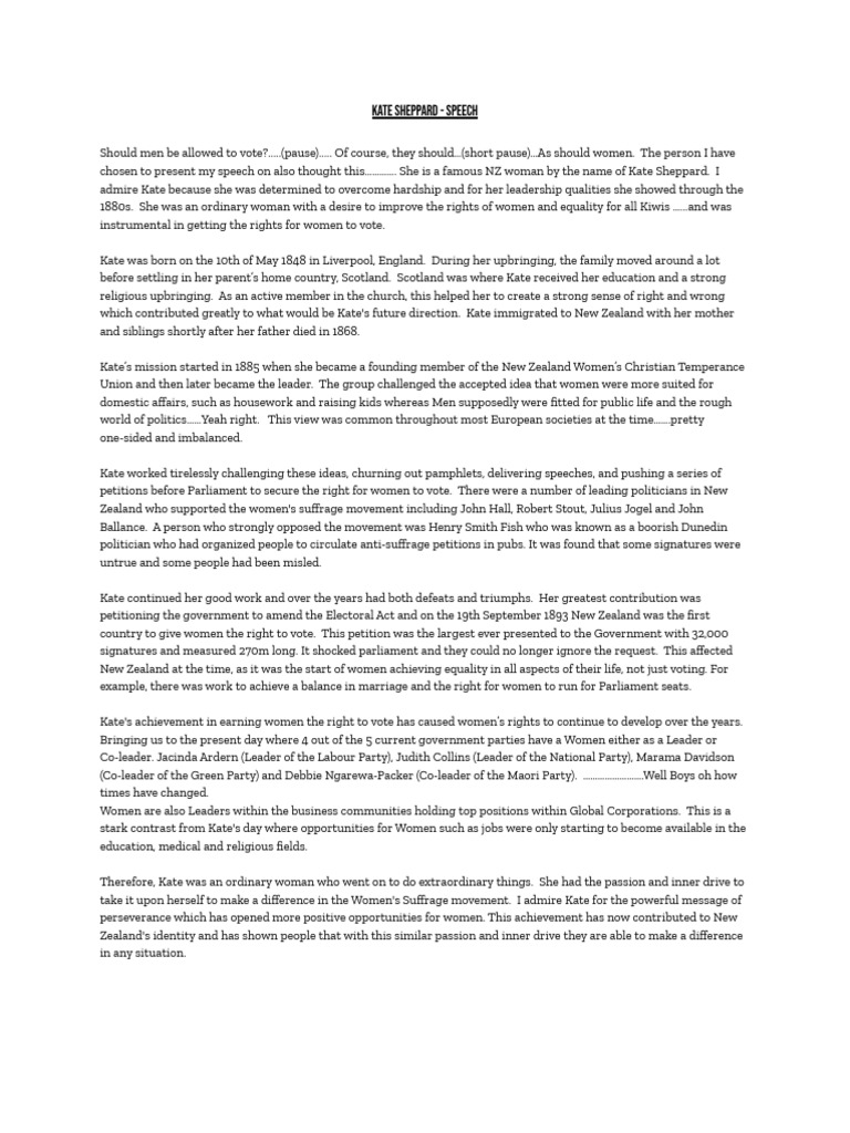 Kate Sheppard - Speech | PDF