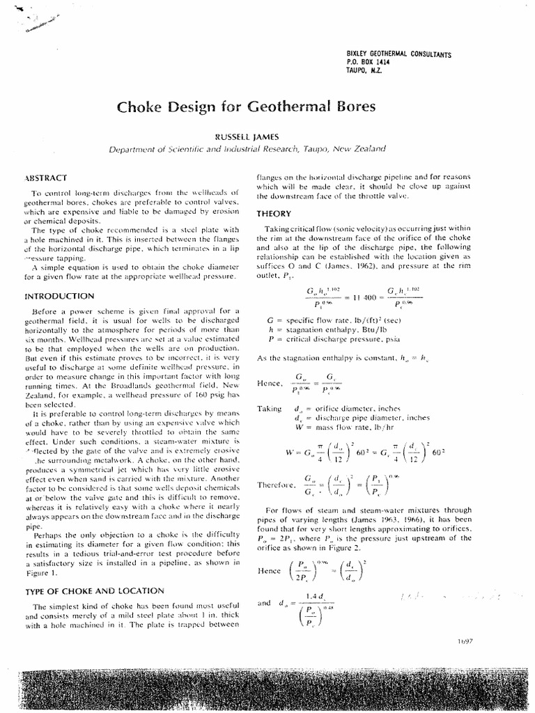 Choke Design For Geothermal Bores James 1975 | PDF