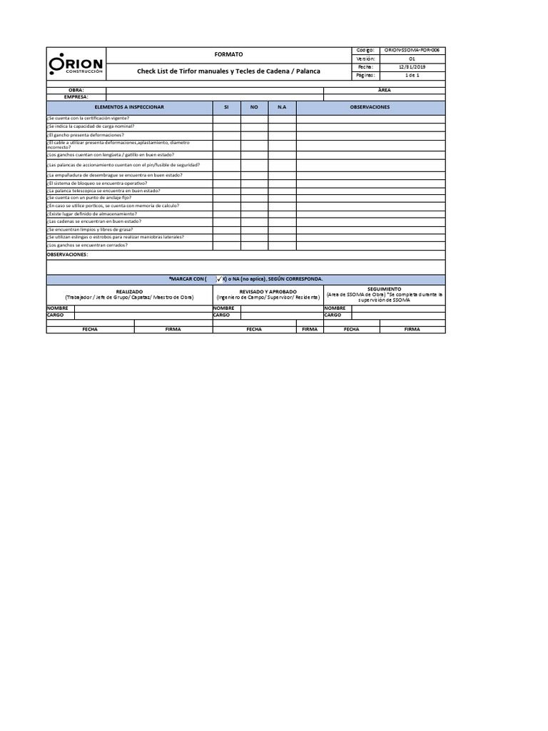 FORMATO 006-Check List Tirfot Manuales, Tecles de Cadena y Palanca | PDF