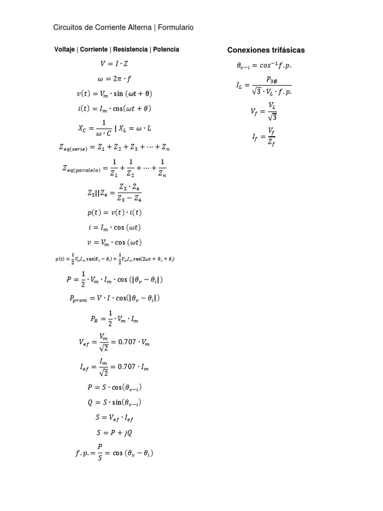 Formulario de Circuitos de Corriente Alterna | PDF
