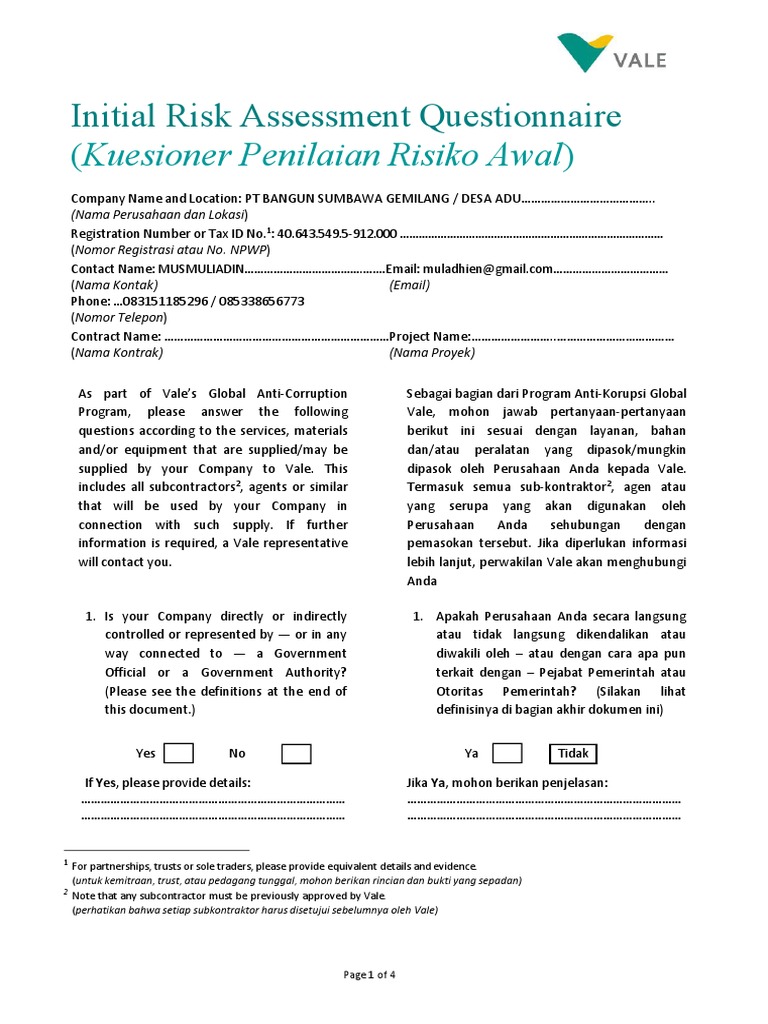 Bilingual - Supplier Risk Assessment Questionnaire | PDF