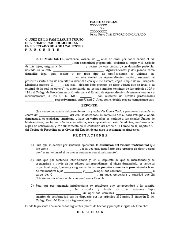Demanda Divorcio Incausado Ags | PDF | Demanda judicial | Pensión ...