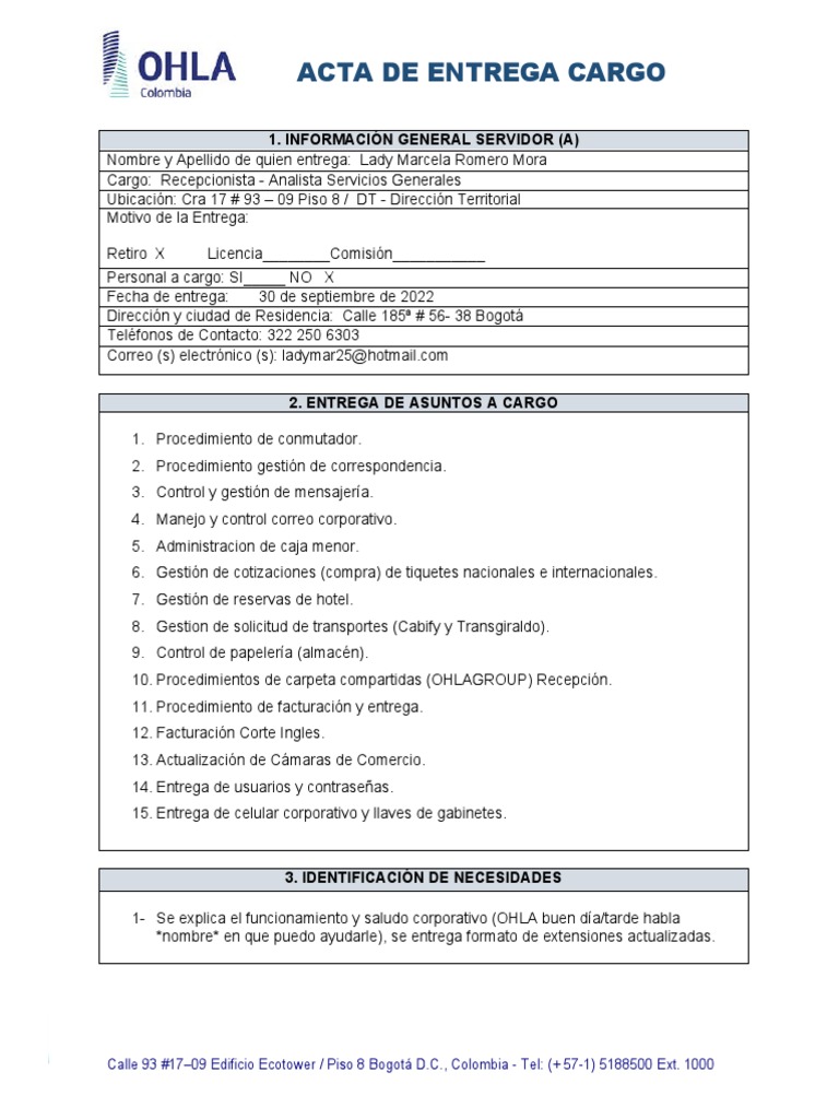 Acta de Entrega Puesto de Trabajo | PDF