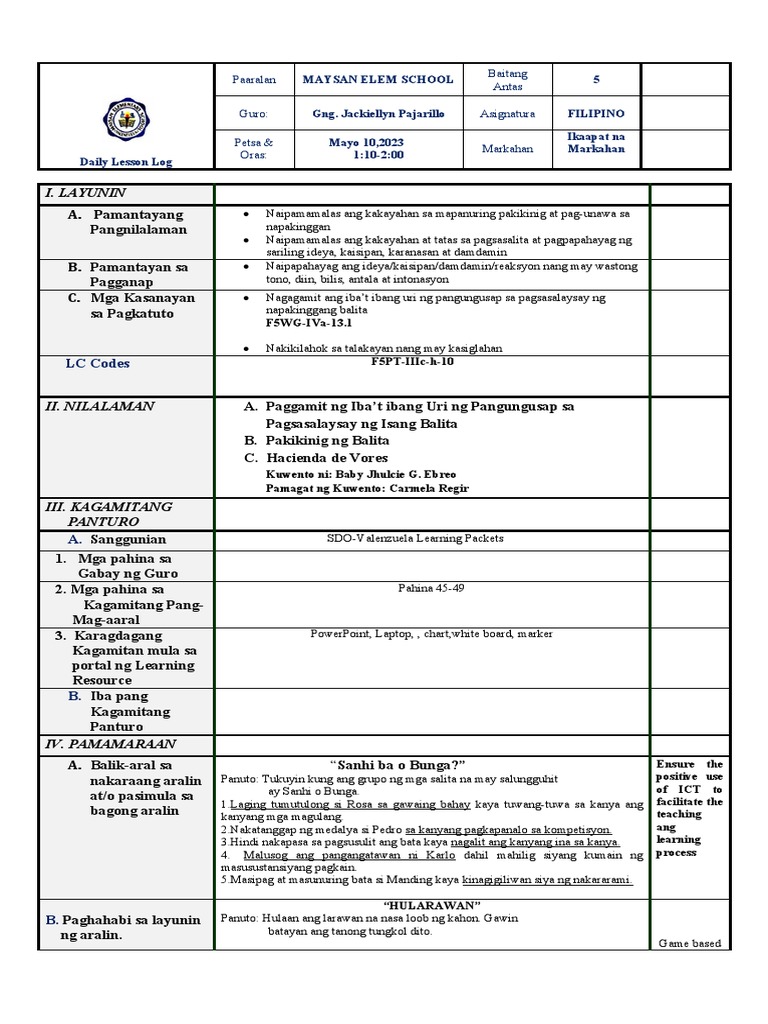 q4 Cot Filipino 5 Uri NG Pangungusap | PDF
