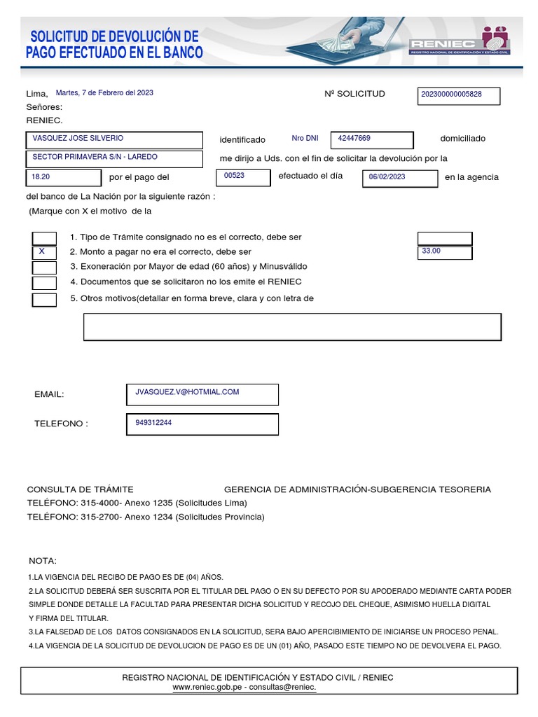Solicitud Devolución Pago RENIEC 2023 | PDF