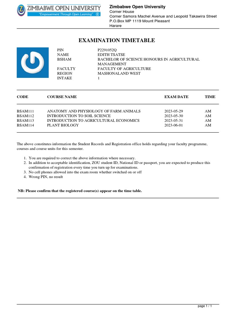 ZOU 2023 Exam Timetable for BSHAM | PDF