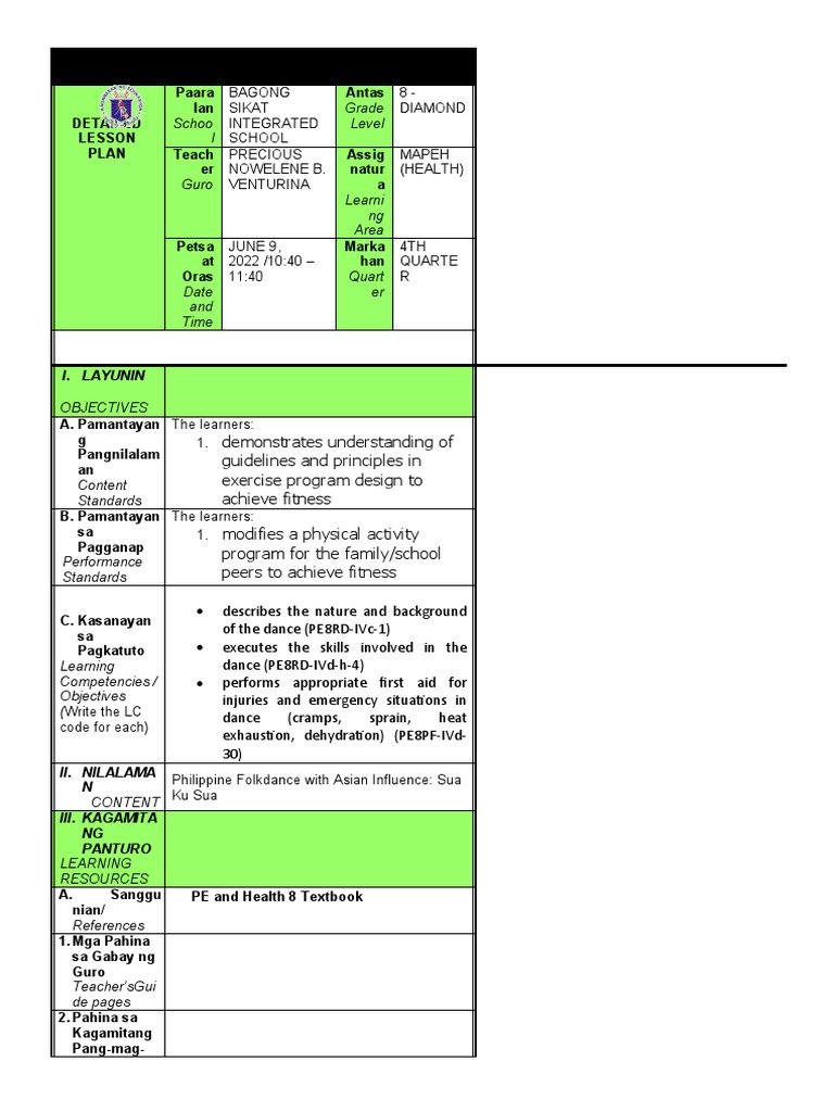 Detailed Lesson Plan in Pe 8 | PDF | Dances | Learning
