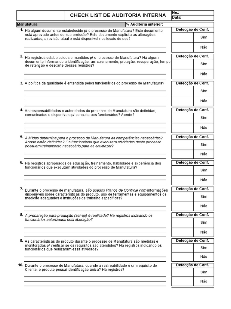 Check-List Auditoria Interna - Manufatura | PDF | Qualidade (negócios)