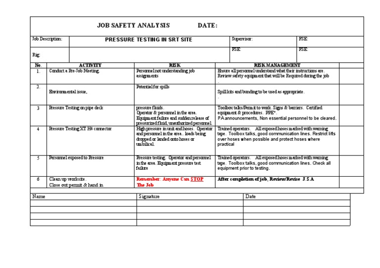 JSA Pressure Testing | Download Free PDF | Occupational Safety And ...