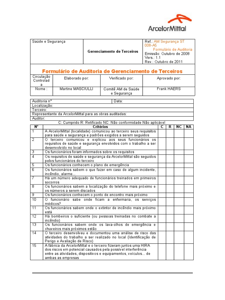 AM Safety ST 008 A5 v1.1 Contractor Management Audit Form - Portugues | PDF