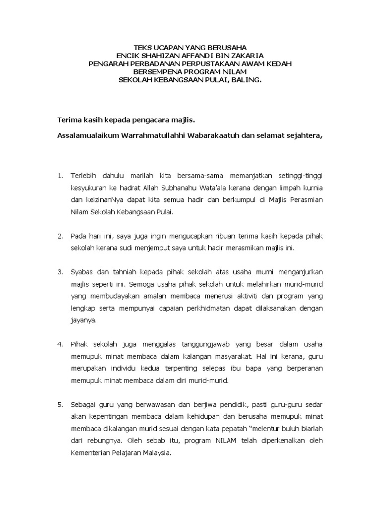 Teks Ucapan Perasmian Program Nilam | PDF