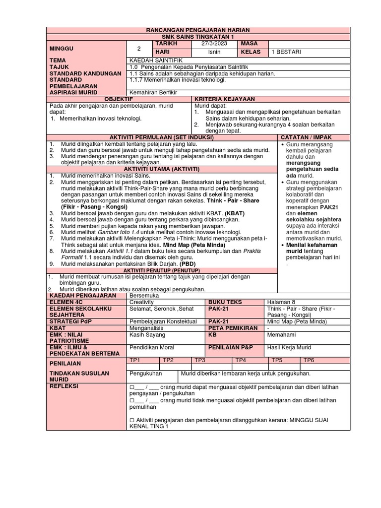 Rancangan Pengajaran Harian M2 | PDF