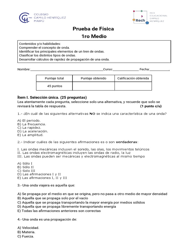 Prueba de Física 1ro Medio ONDAS | PDF | Olas | Longitud de onda