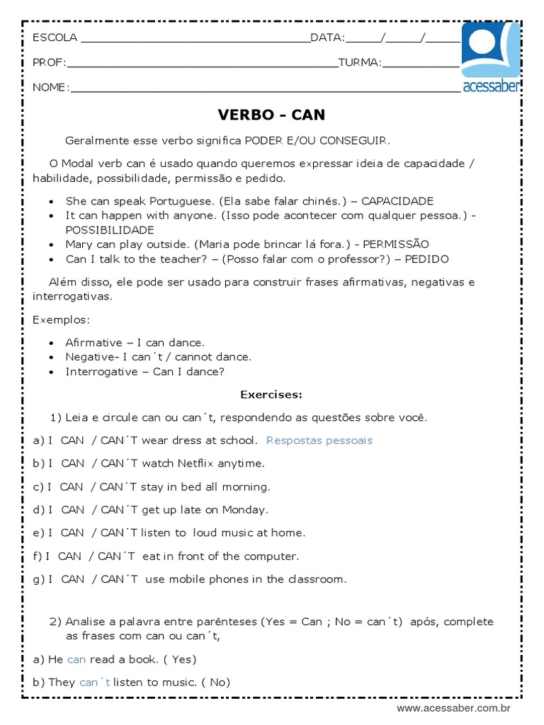Exercícios de Inglês: Verbo Can e Can't | PDF | Semantics | Language ...