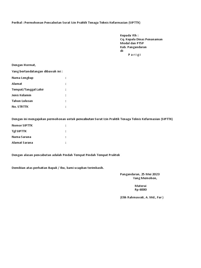 Surat Pencabutan SIPTTK APT. MOTEKAR | PDF