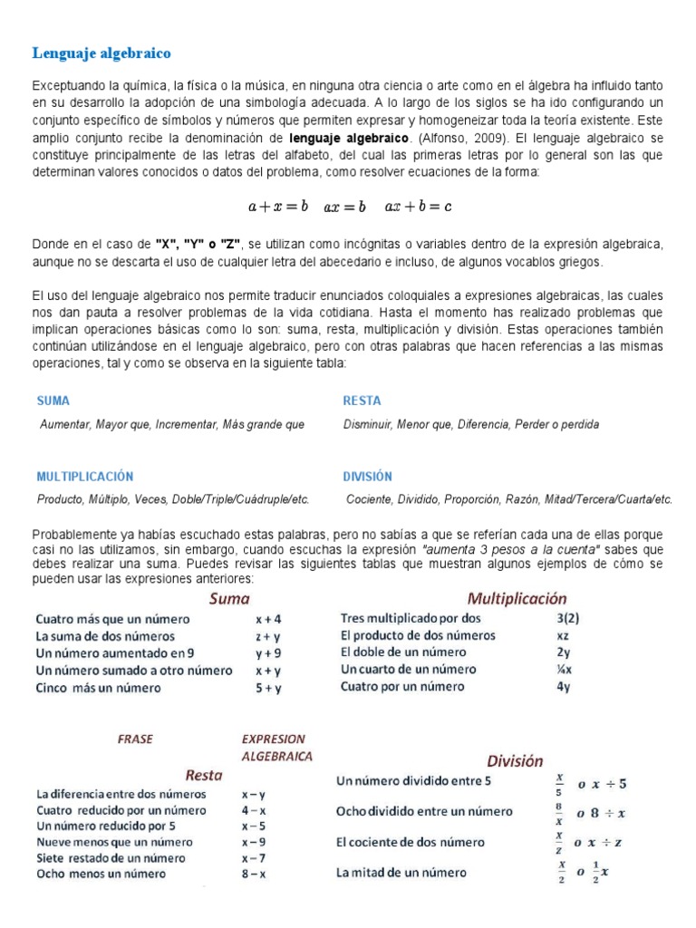 Lenguaje Algebraico | PDF