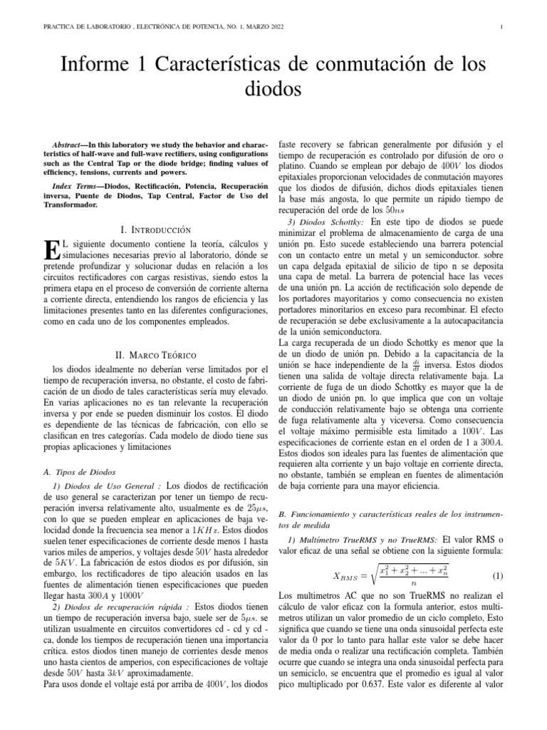 Informe 1 Electrónica de Potencia | PDF | Rectificador | Diodo