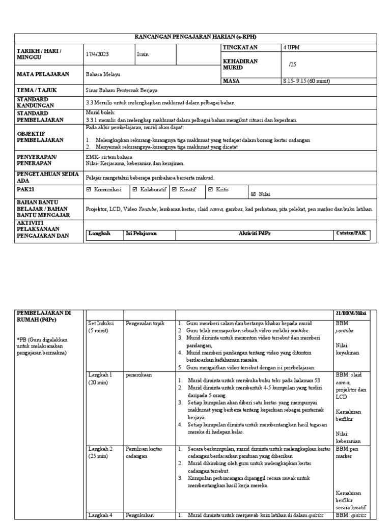 RPH Bahasa Melayu Tingkatan 4 | PDF
