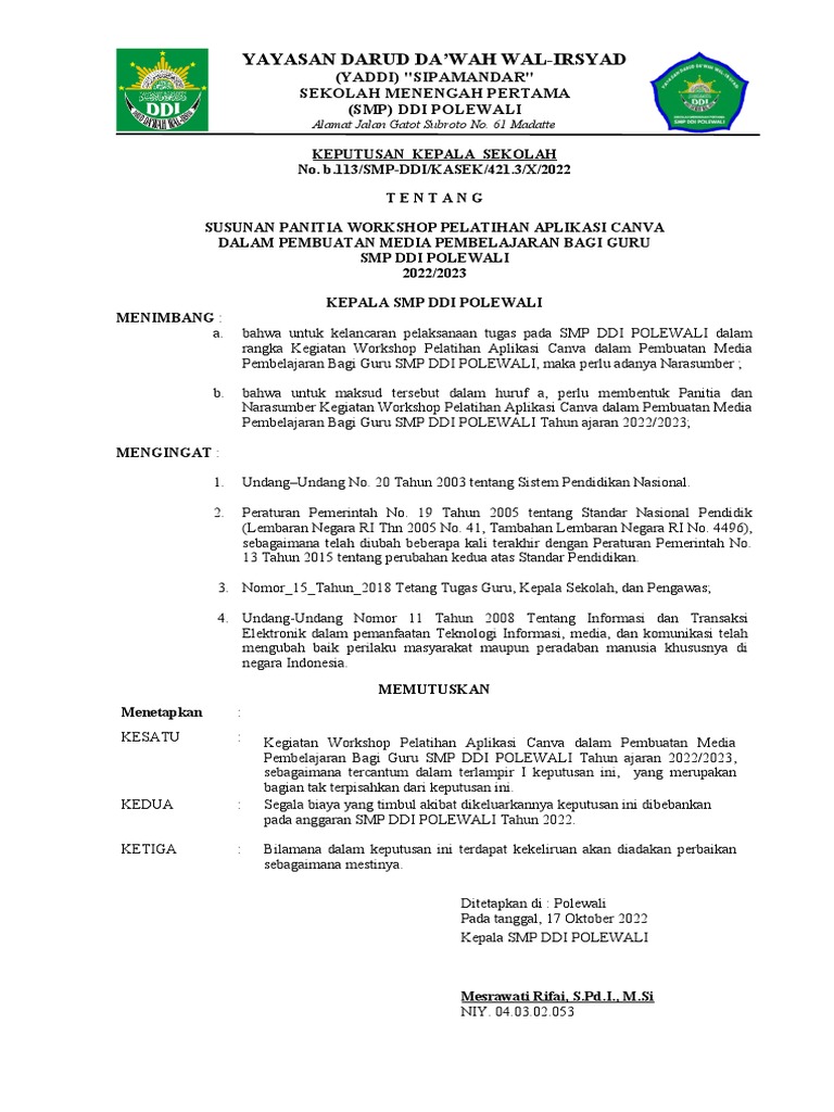 SK Panitia Workshop Pelatihan Aplikasi Canva | PDF | Karier & Perkembangan | Seni
