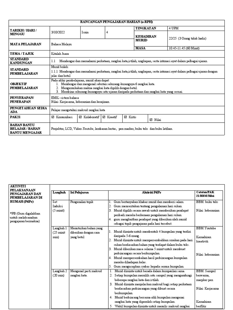 RPH Bahasa Melayu Tingkatan 4 | PDF