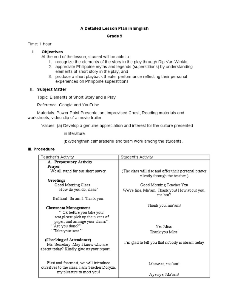 Rip Van Winkle Lesson Plan for Grade 9 | PDF | Rip Van Winkle | Lesson Plan