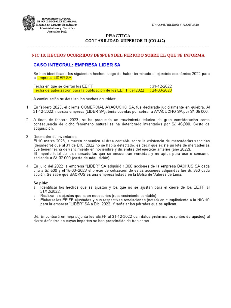 Enunciado NIC 10 Clase 1 | PDF | Contabilidad | Economias