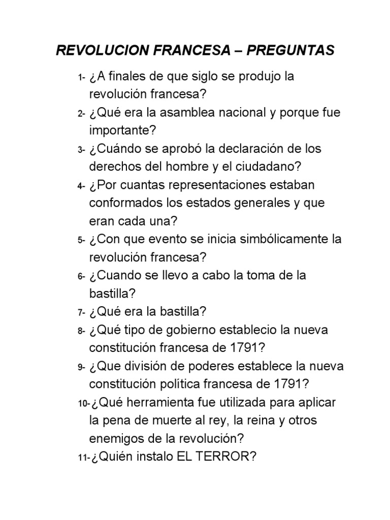 REVOLUCION FRANCESA - PREGUNTAS | PDF