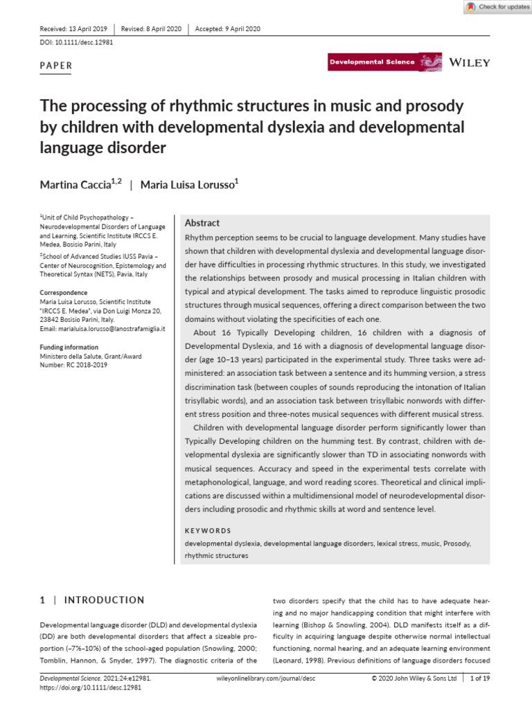 The Processing of Rhythmic Structures in Music and Prosody by Children With Developmental ...
