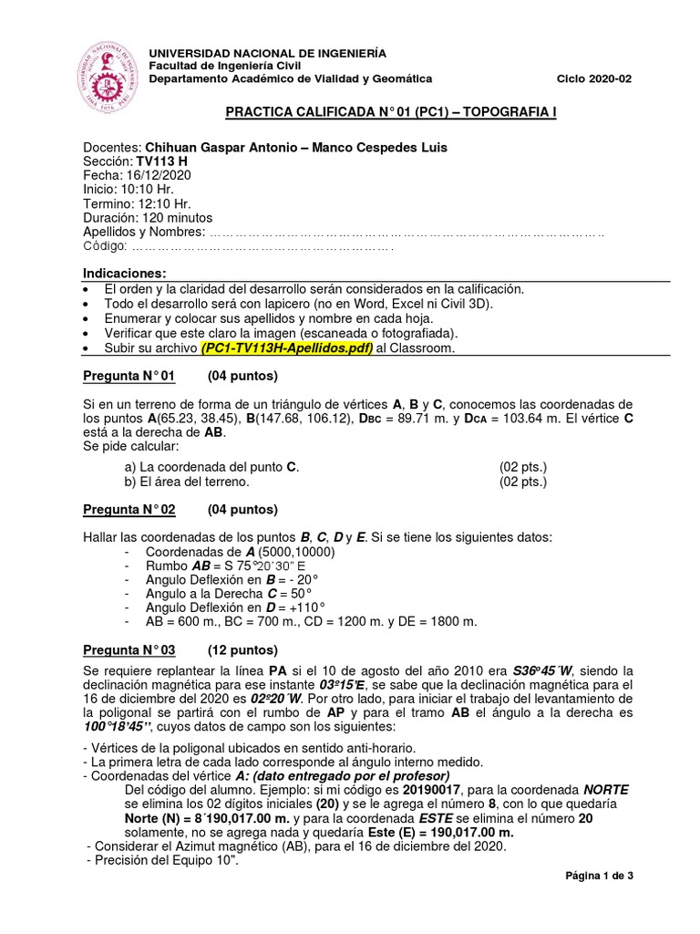 PC1 TV113H Topografia I 2020 02 | PDF