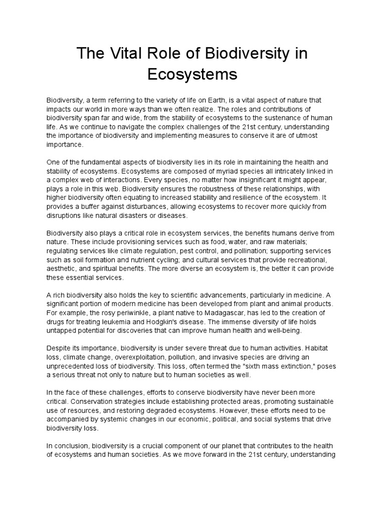 The Vital Role of Biodiversity in Ecosystems | PDF