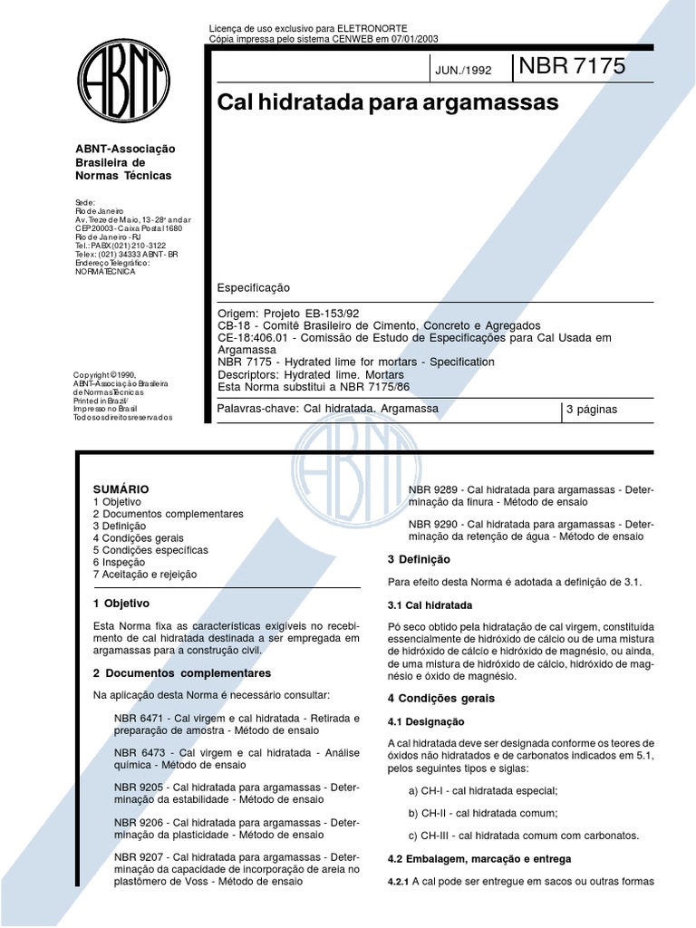 NBR 7175 92 | PDF | Materiais de construção | Substancias químicas