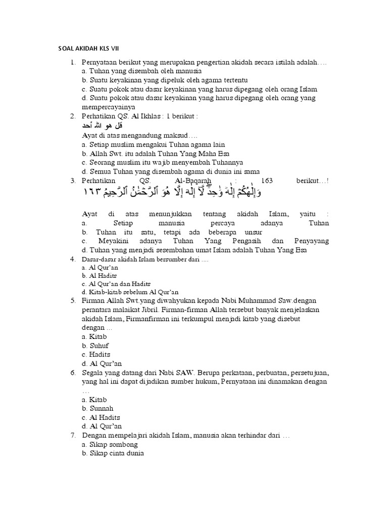 Soal Akidah KLS Vii | PDF