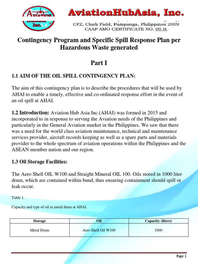 Comprehensive Contingency Program And Specific Spill Response Plan Per 3699