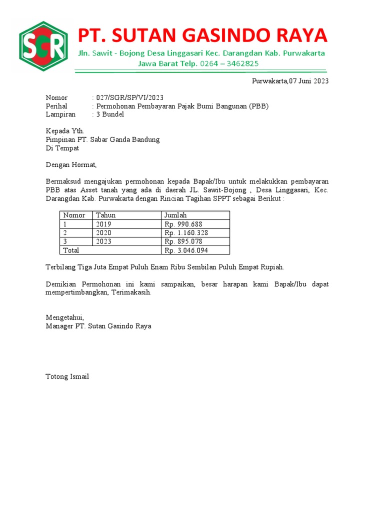 Surat Permohonan Pembayaran PBB | PDF