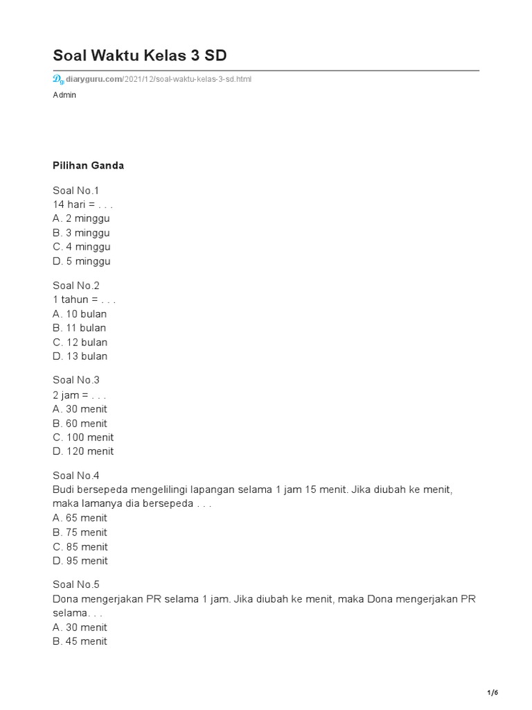 Soal Waktu Kelas 3 SD | PDF | Seni & Disiplin Bahasa | Griya & Taman