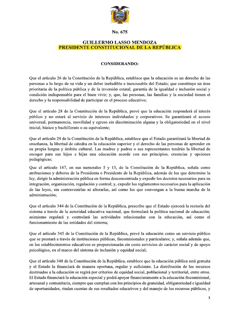 Decreto - Ejecutivo - No. - 675 - 20230119121018 REGLAMENTO LOEI (Recuperado) (Recuperado 1) | PDF