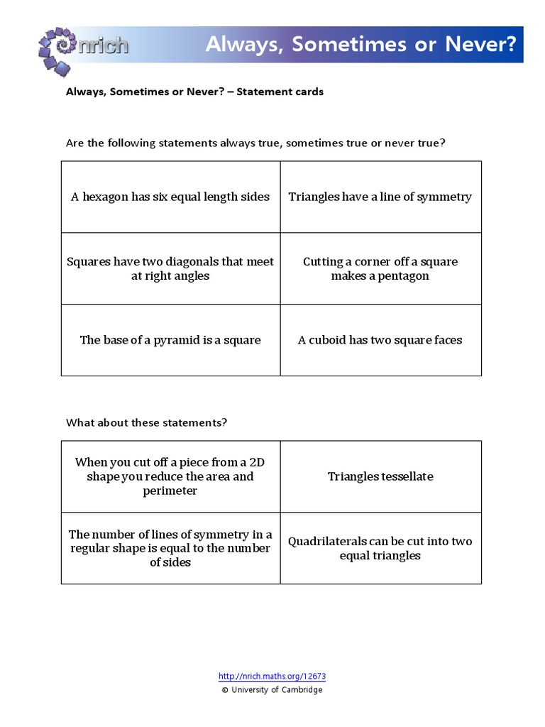 Always, Sometimes, Never in Geometry | PDF | Teaching Methods ...