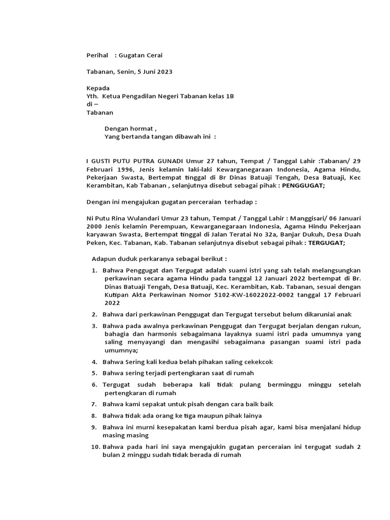 Contoh Gugatan Perceraian | PDF