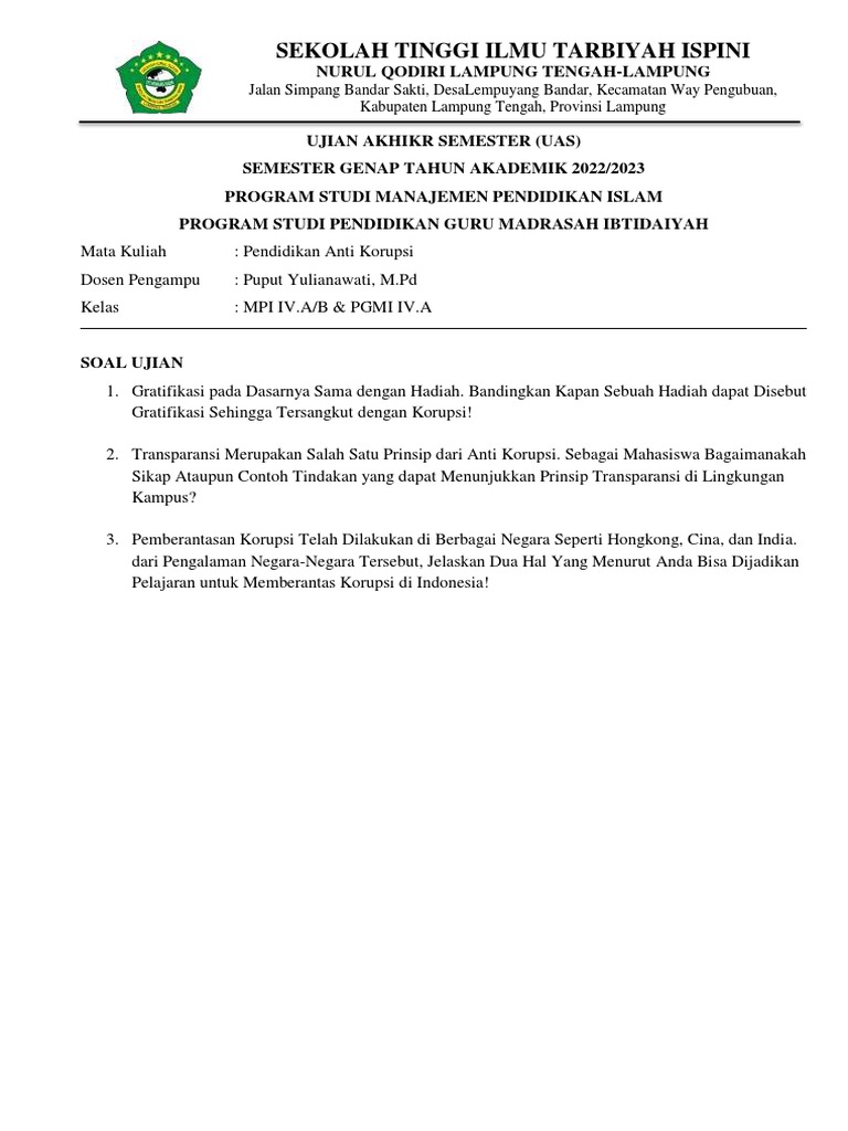 Pendidikan Anti Korupsi Bu Puput (Mpi Pgmi 4) | PDF