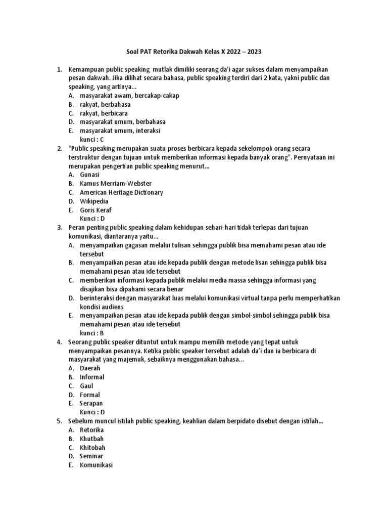 Setor Soal Pat Retorika Dakwah Kelas X Agama 2022-2023 | PDF