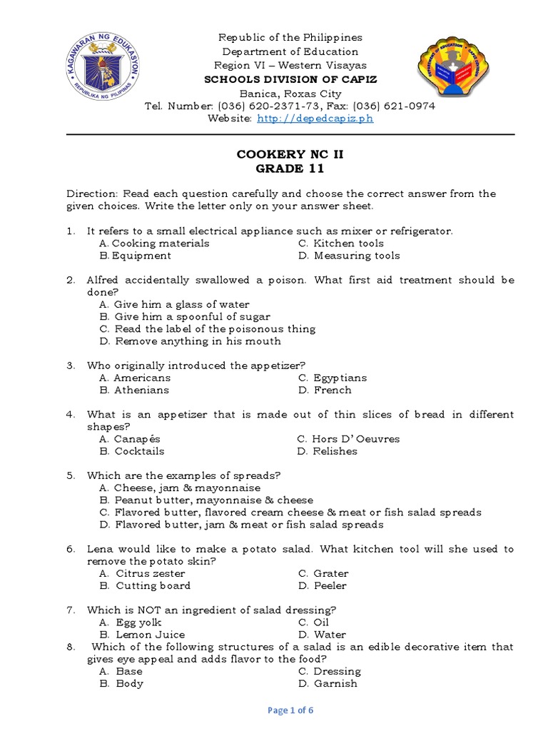 Grade 11 SHS Cookery-Ncii - Final | PDF | Salad | Knife