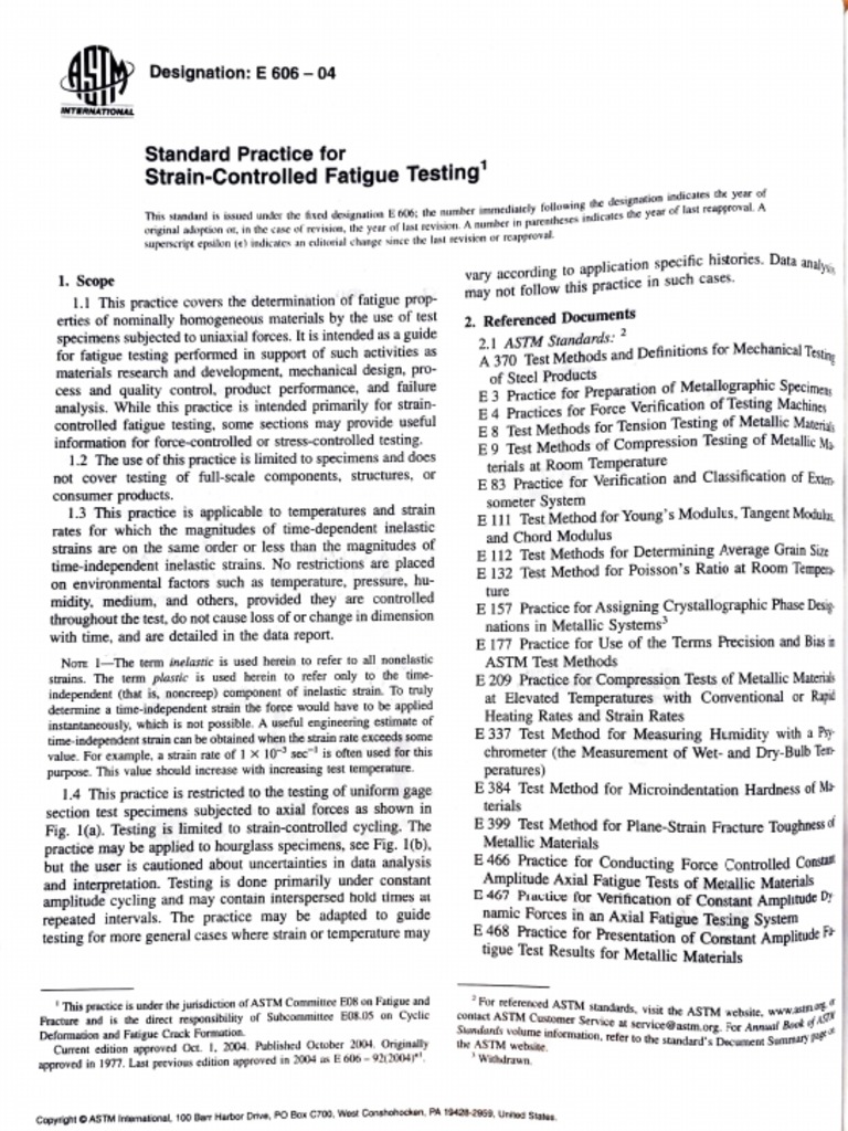 Astm E606 | PDF | Fatigue (Material) | Young's Modulus