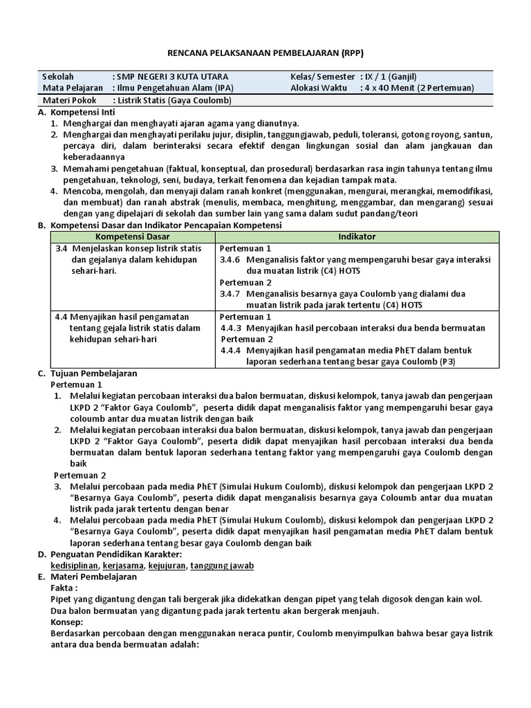 RPP 2 Listrik Statis (Gaya Coulomb) - Rev3 | PDF | Sains & Matematika